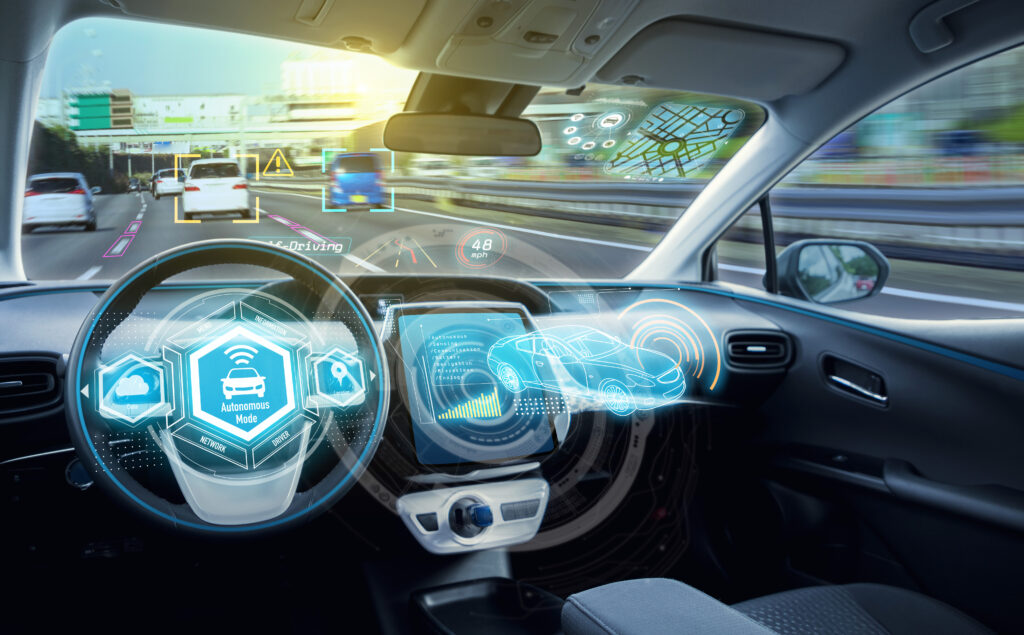 Empty cockpit of autonomous car, HUD(Head Up Display) and digital ...